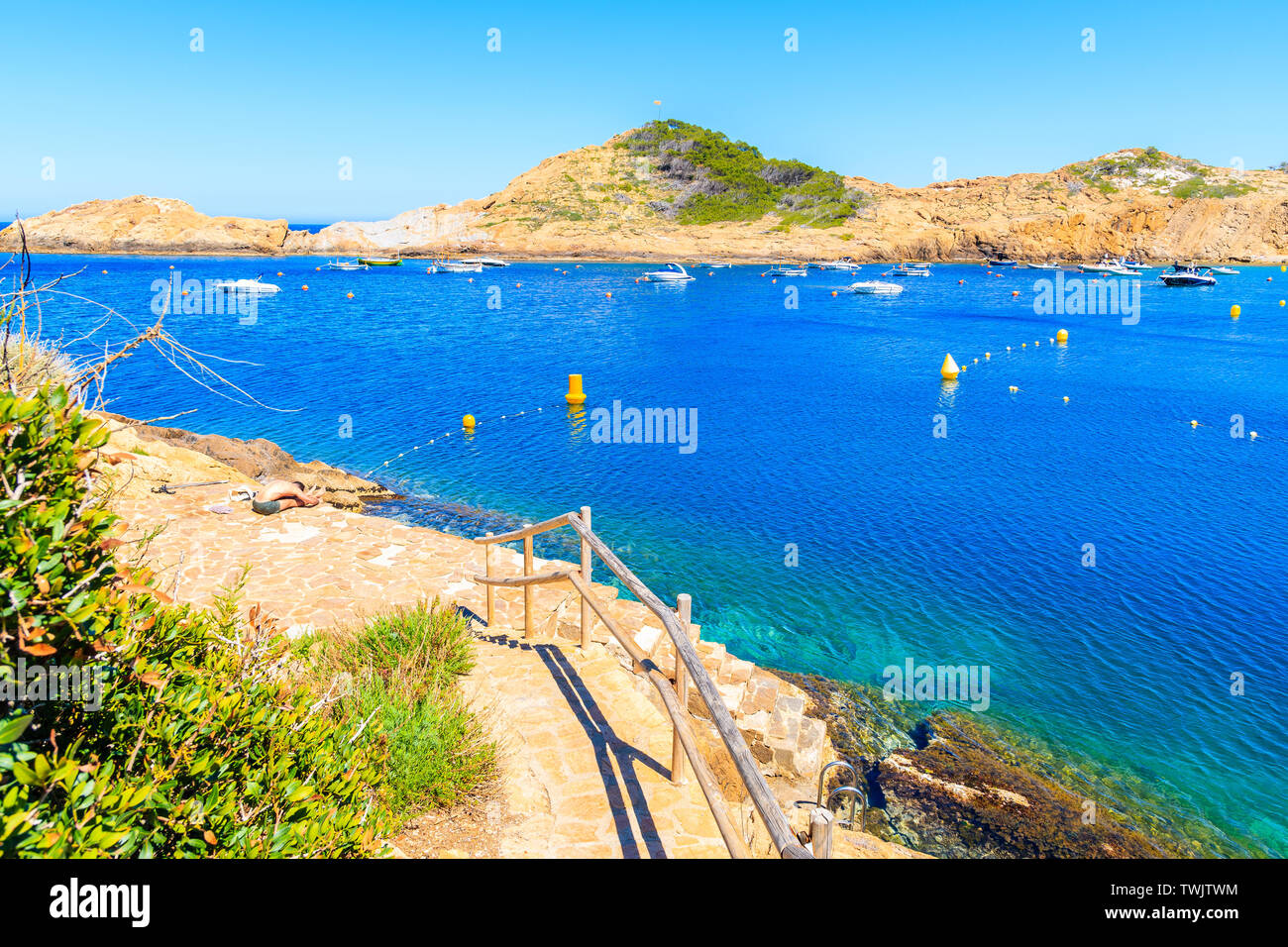 Coastal walkway to beach near Sa Tuna village, Costa Brava, Spain Stock ...