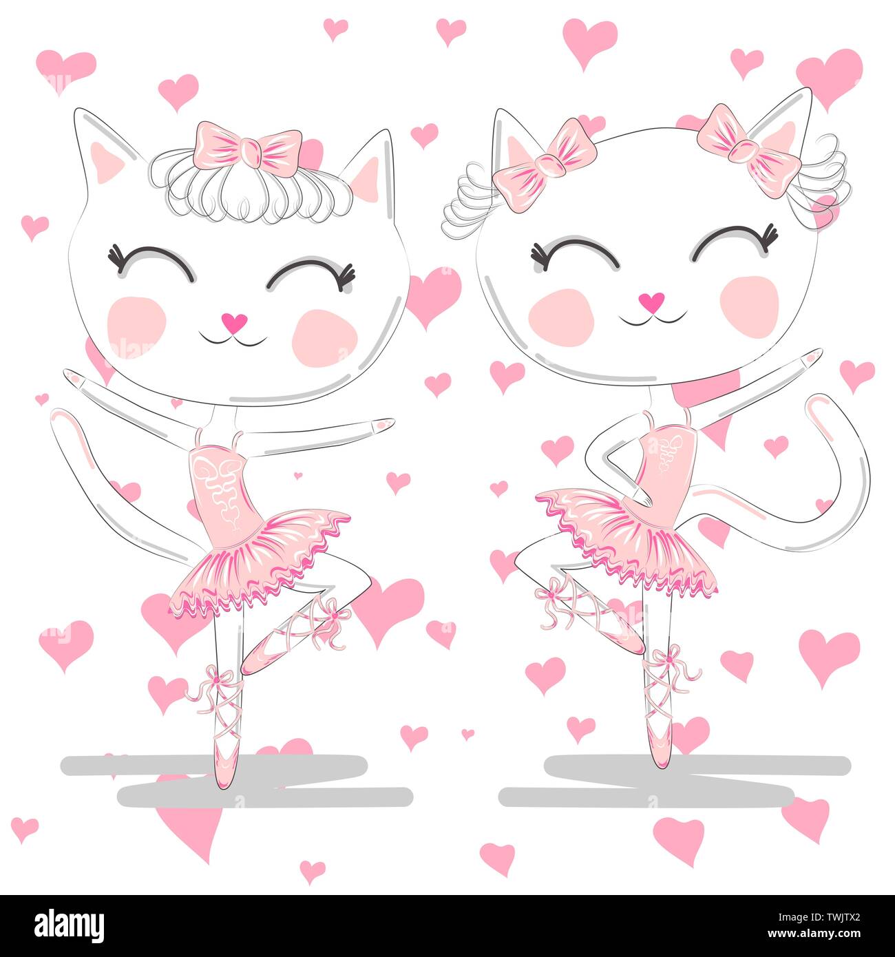 Hand drawn beautiful pair of cute white ballerina cats in pink ballet ...