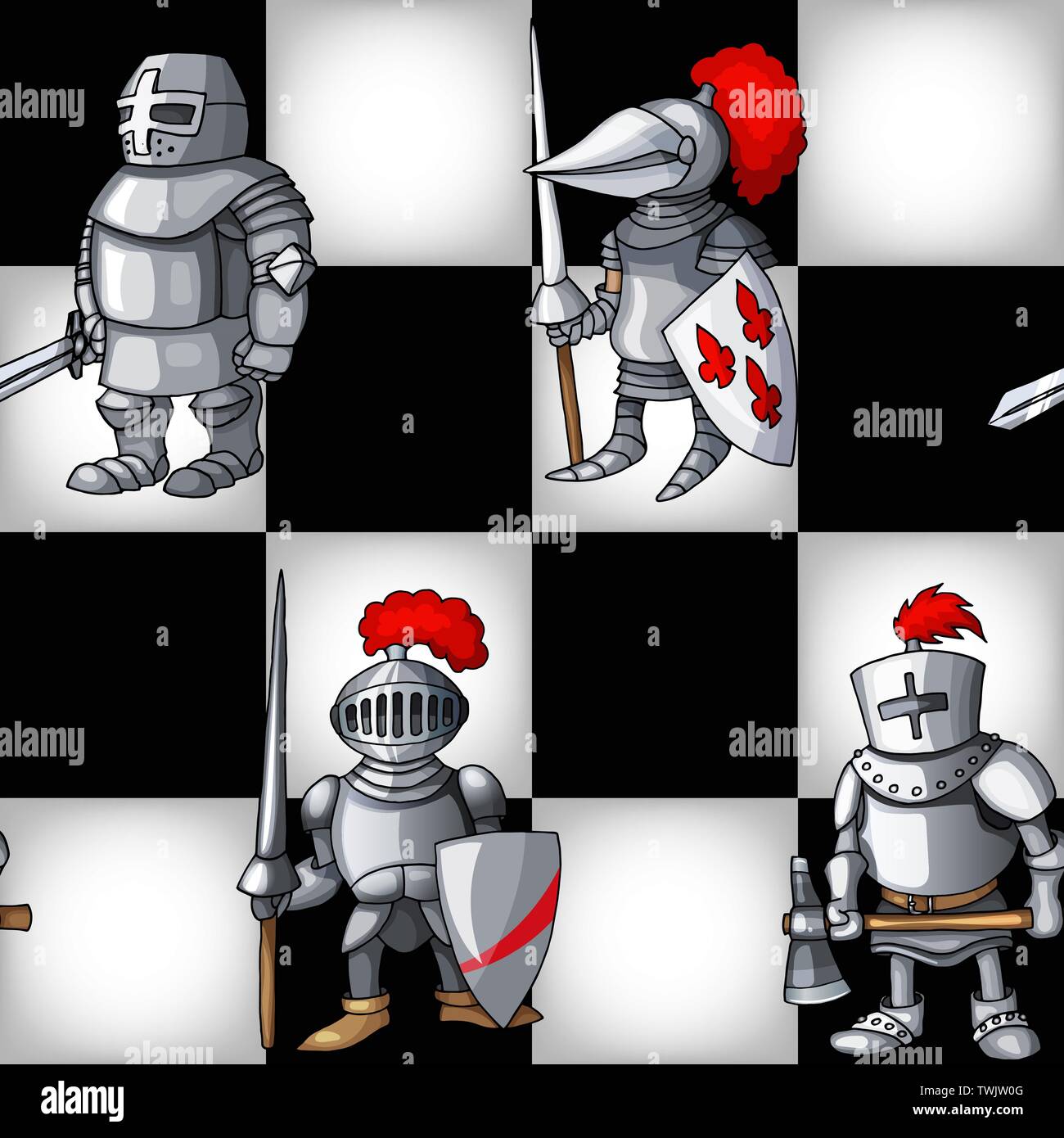 Chess board with cartoon medieval knights seamless pattern background ...