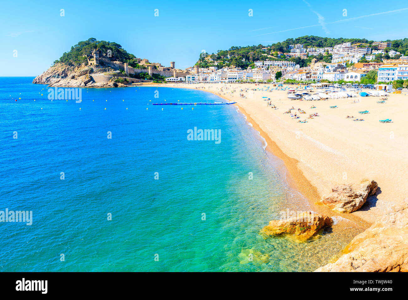 Sandy beach and bay in Tossa de Mar town, Costa Brava, Spain Stock ...