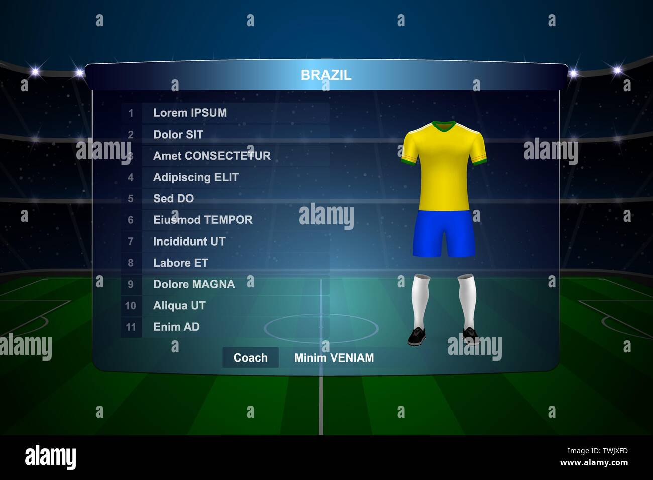 Football scoreboard broadcast graphic template with squad Brazil soccer ...