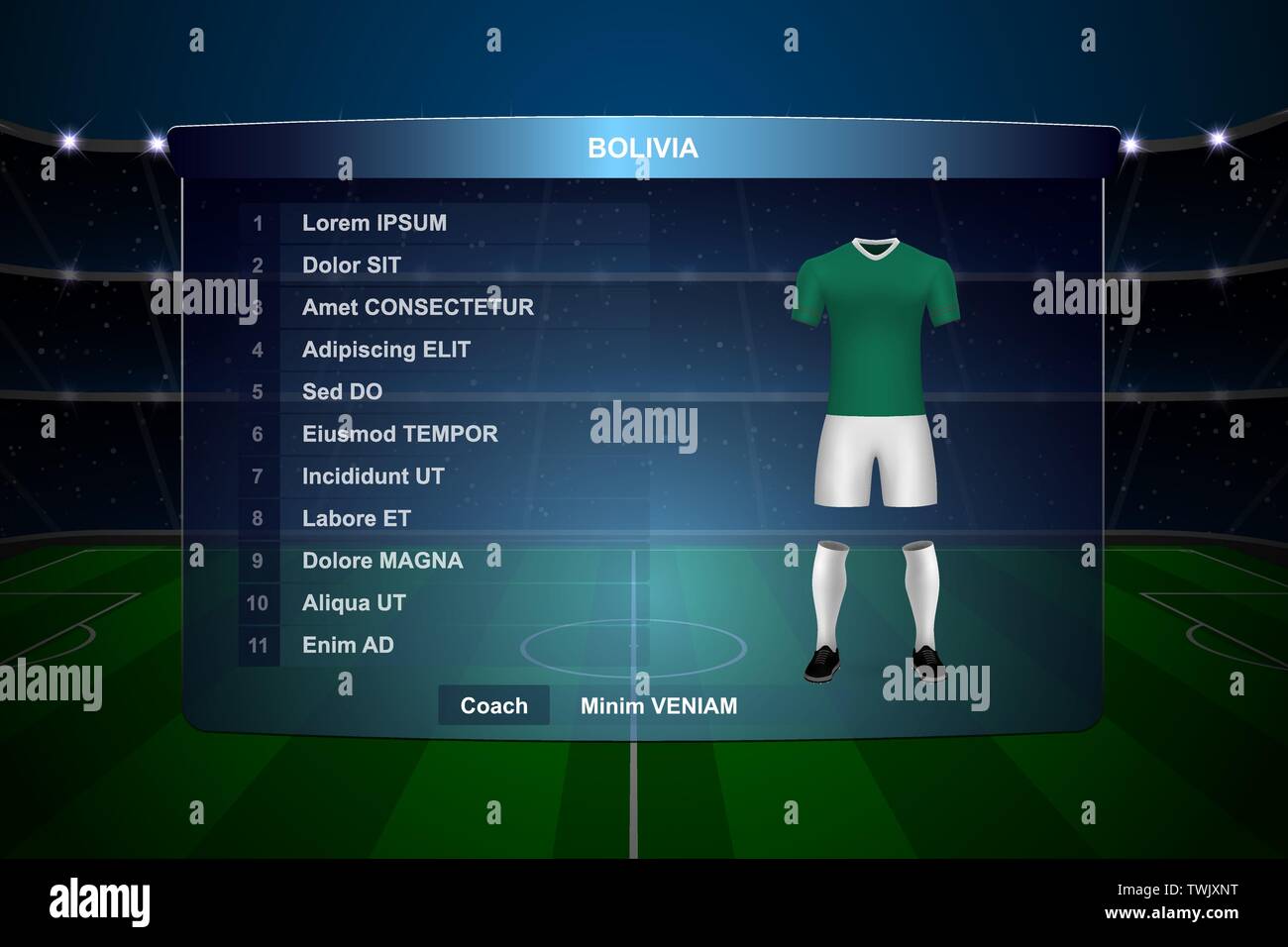 Football scoreboard broadcast graphic template with squad Bolivia ...