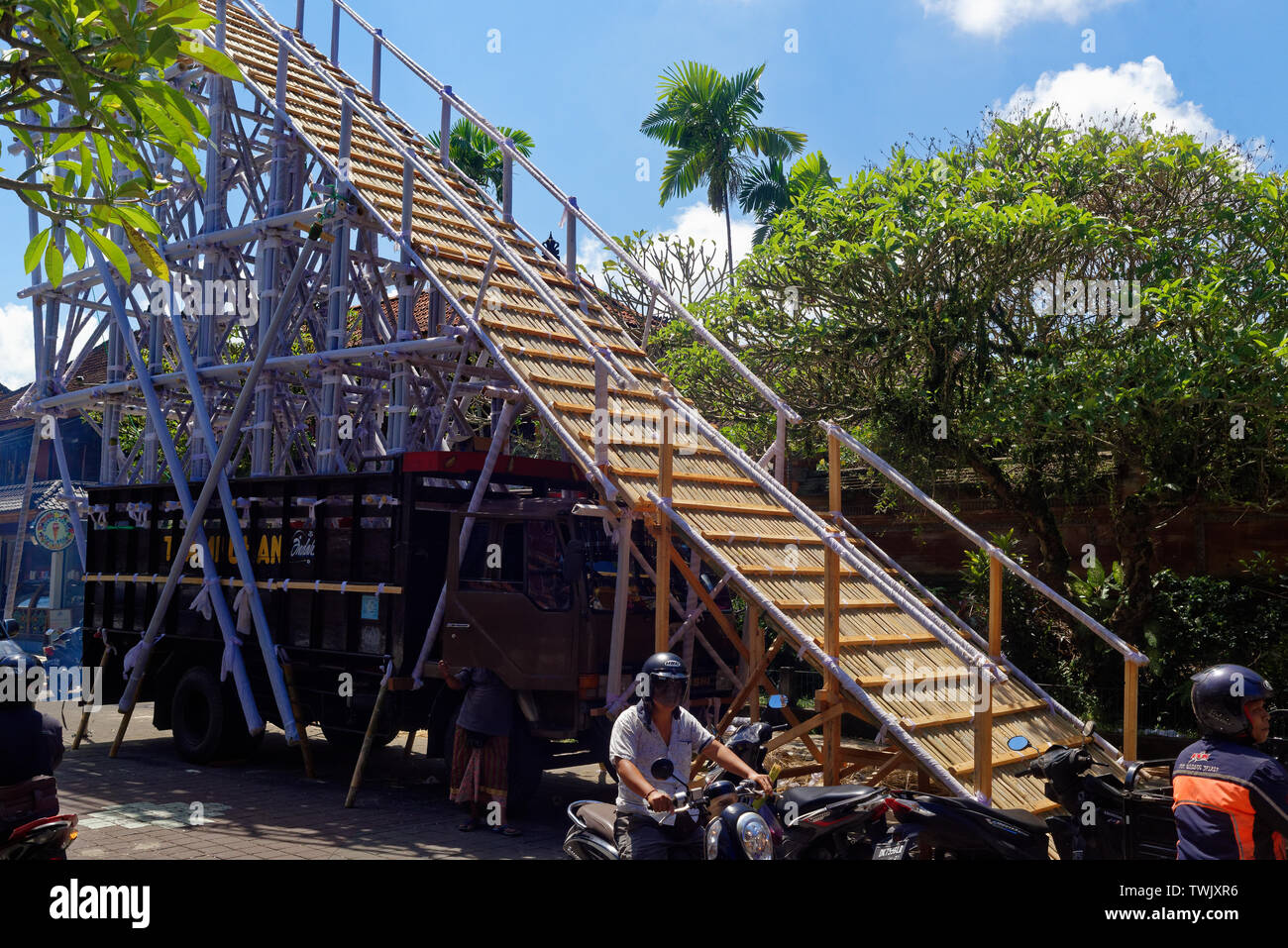 Components of a funeral pyre being constructed and assembled in Ubud ...