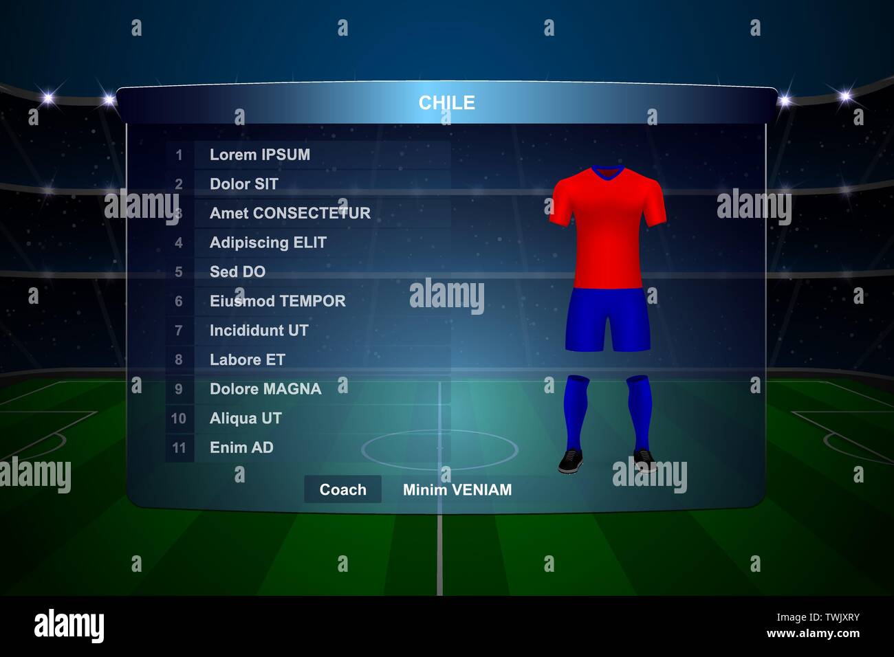 Football scoreboard broadcast graphic template with squad Chile soccer ...