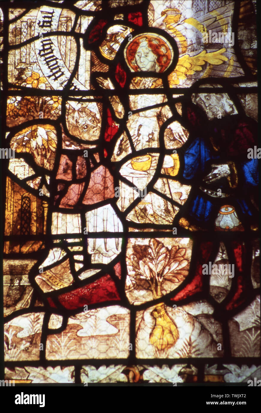 15th century stained glass window, Act of Mercy, Giving water to the ...