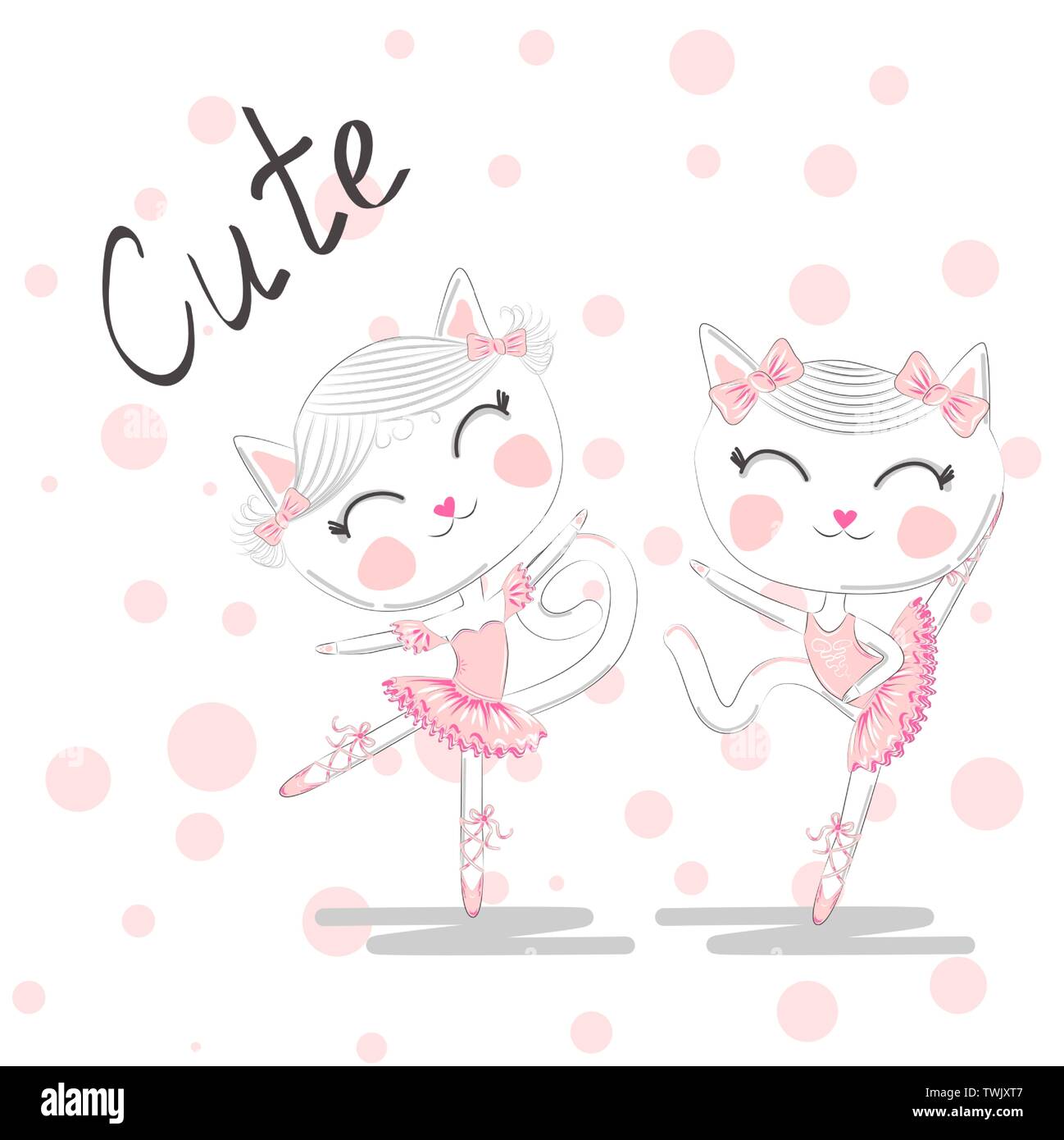 Cute dancing cats in a pink dress. Ballerina love dancing. Hand drawn t ...
