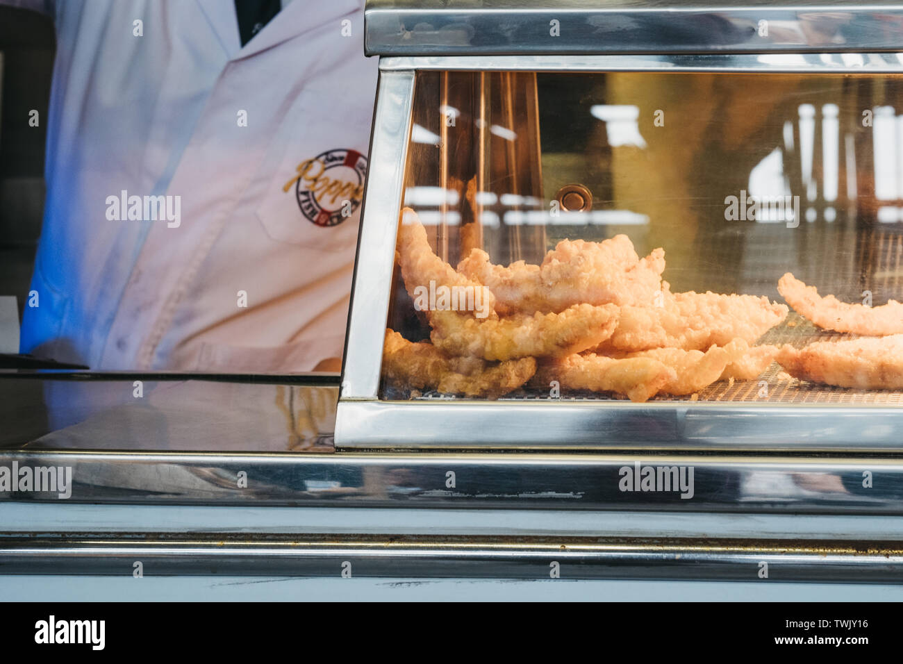 London, UK - June 15, 2019: Fresh fish at Poppies fish & chips stall ...