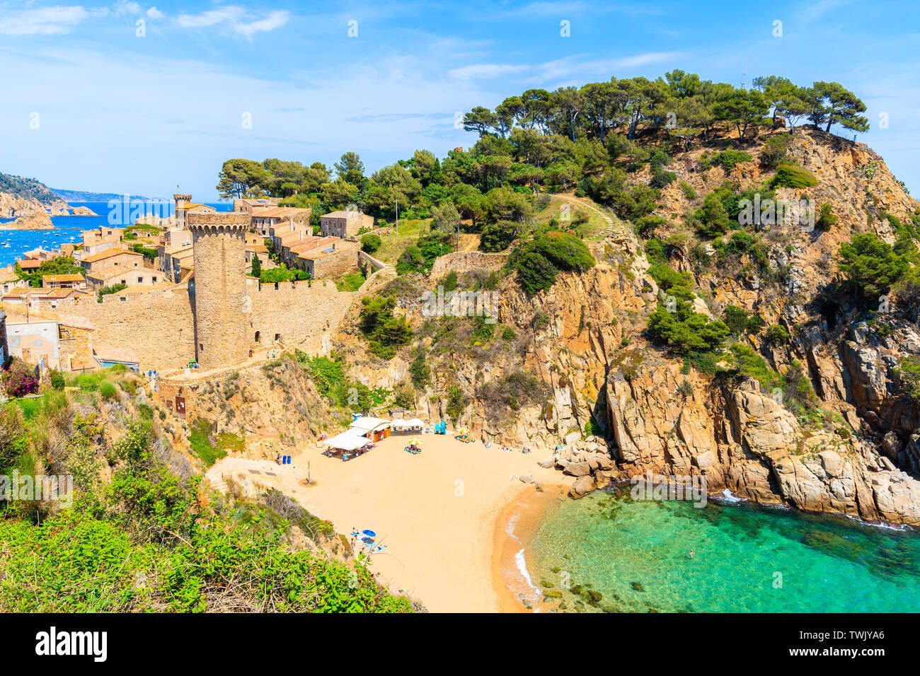 Sandy beach and bay in Tossa de Mar town, Costa Brava, Spain Stock ...