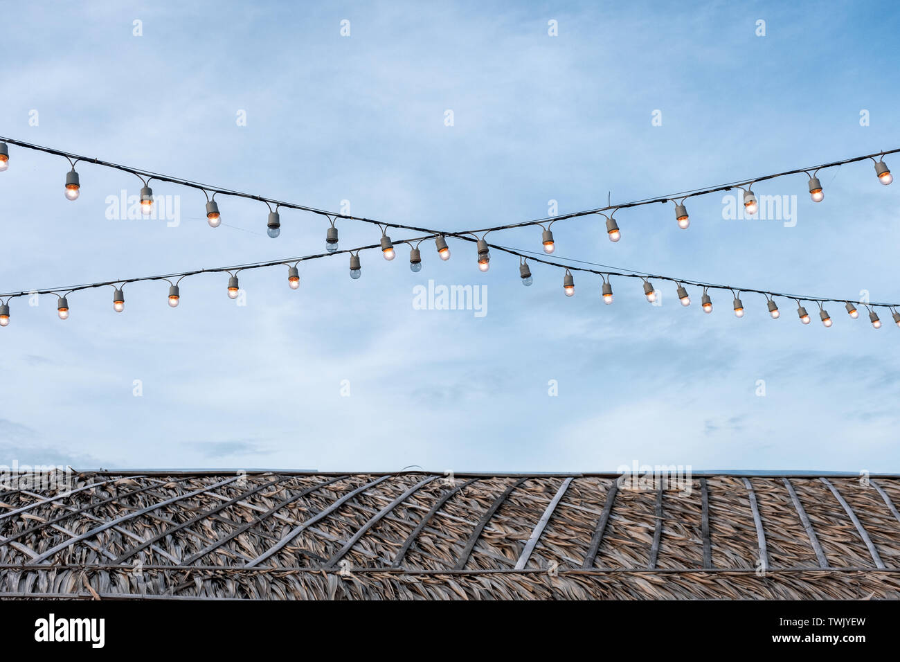 Antique light bulbs decorative hanging on wire over thatched roof Stock ...