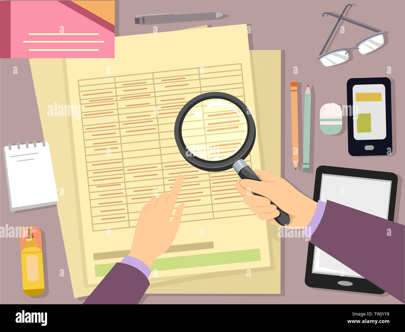 Illustration of Hands of an Auditor Holding a Magnifying Glass Over ...