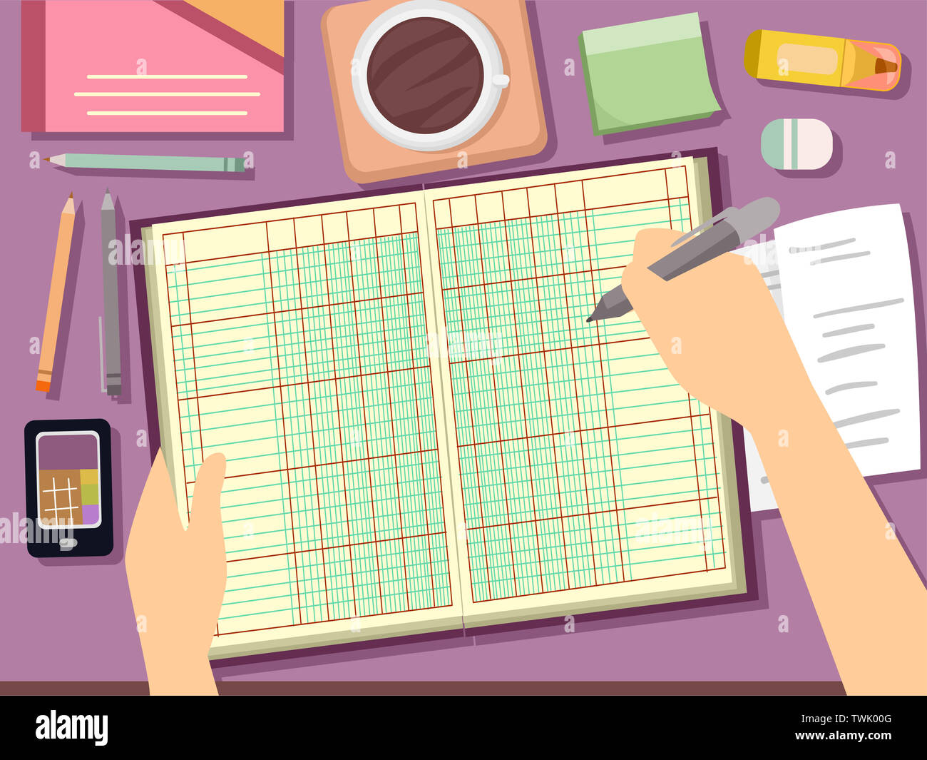 Illustration of Hands Holding a Pen and Ledger for Bookkeeping with ...