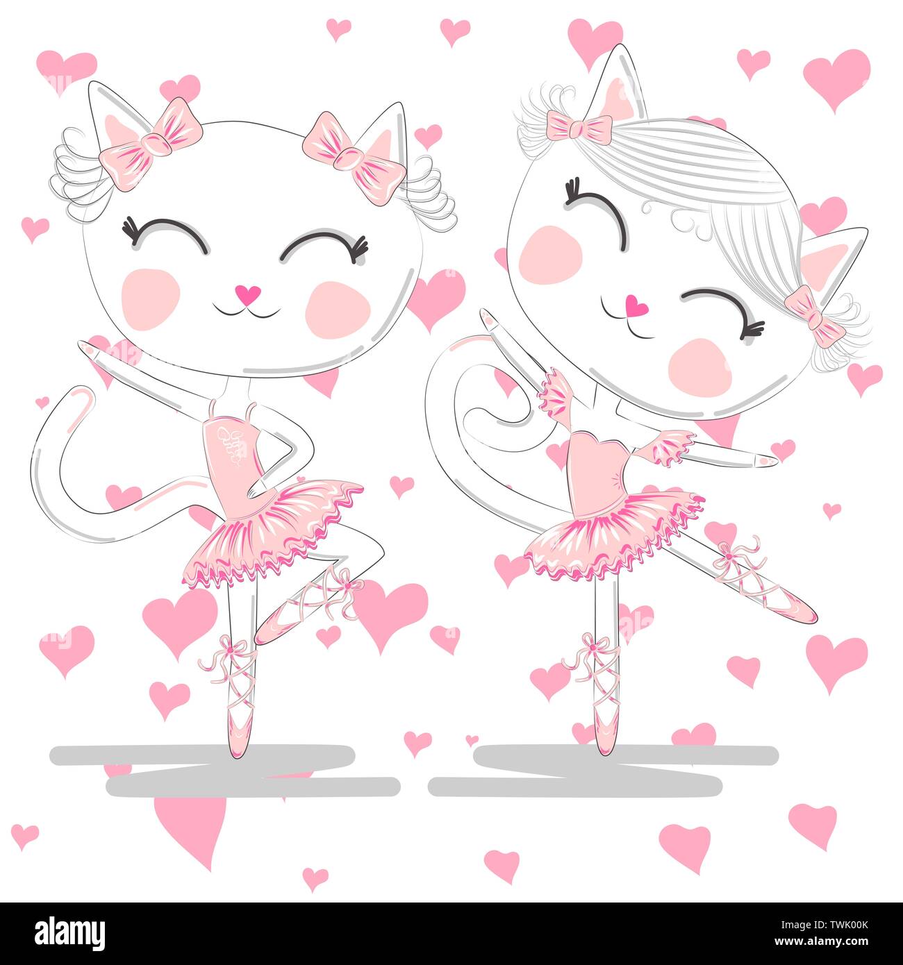 Hand drawn beautiful pair of cute white ballerina cats in pink ballet ...