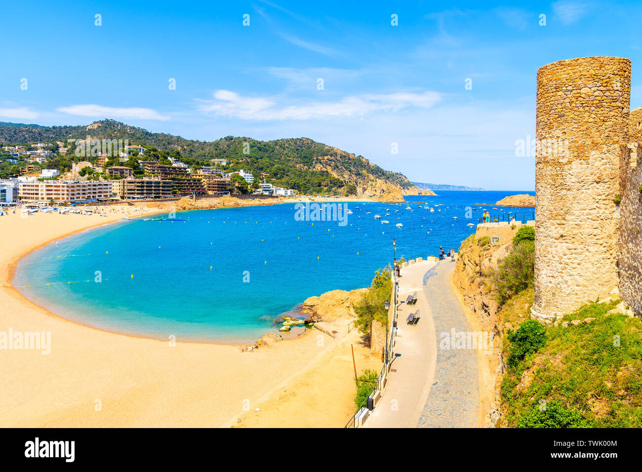 Sandy beach and bay in Tossa de Mar town, Costa Brava, Spain Stock ...