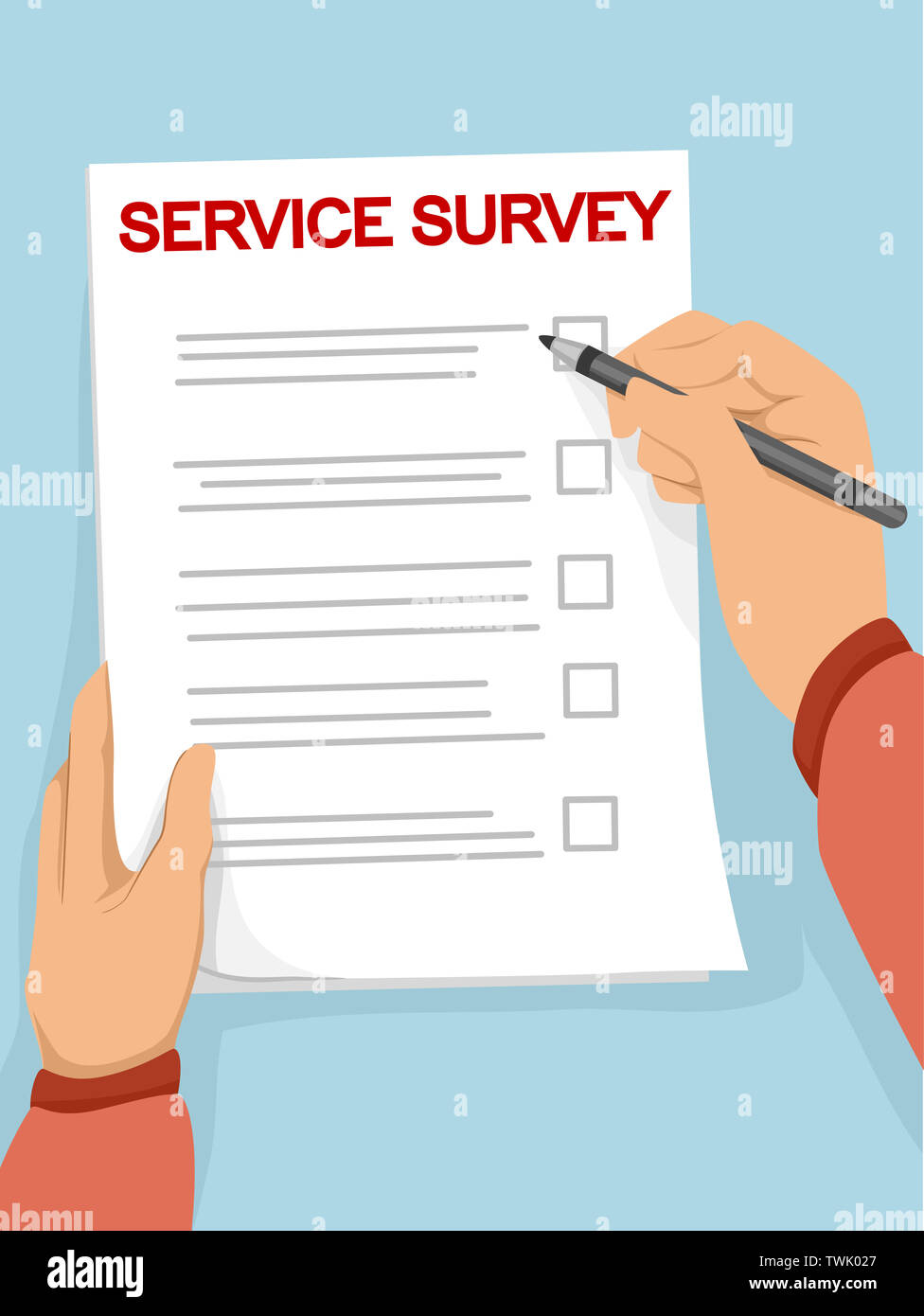 Illustration of Hands Holding a Service Survey and Pen Answering the ...