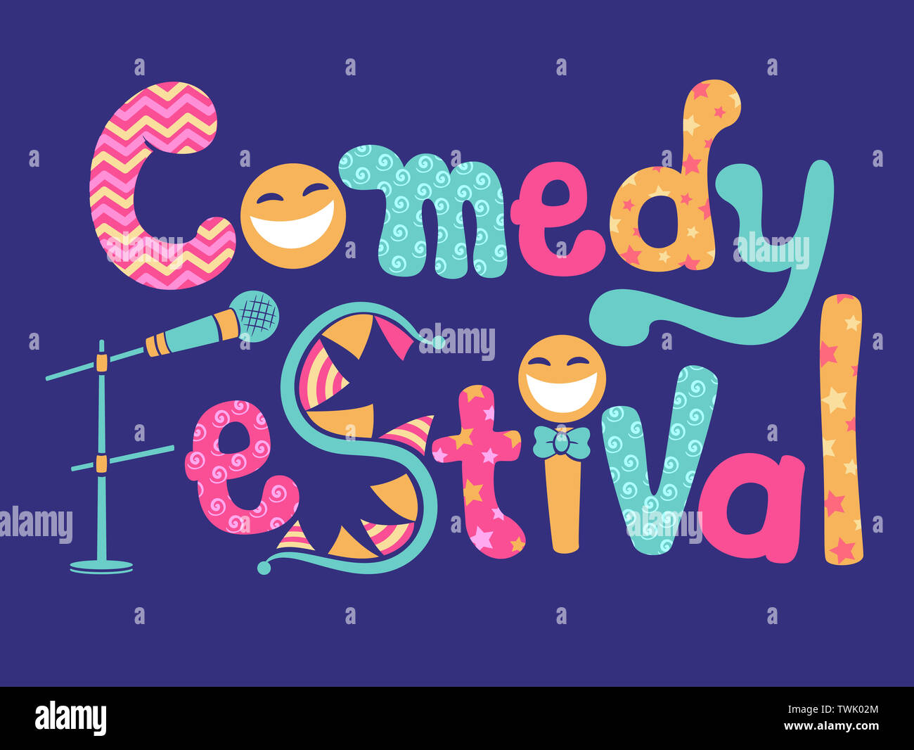 Illustration of a Comedy Festival Lettering with Smiley, Microphones ...