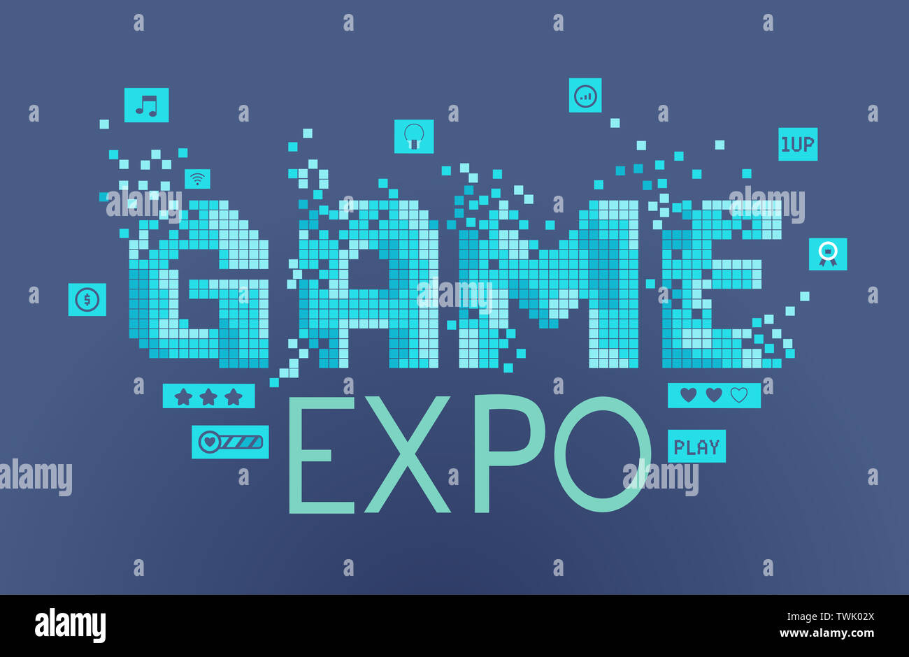 Illustration of Game Expo Lettering with Pixel Designs Stock Photo - Alamy