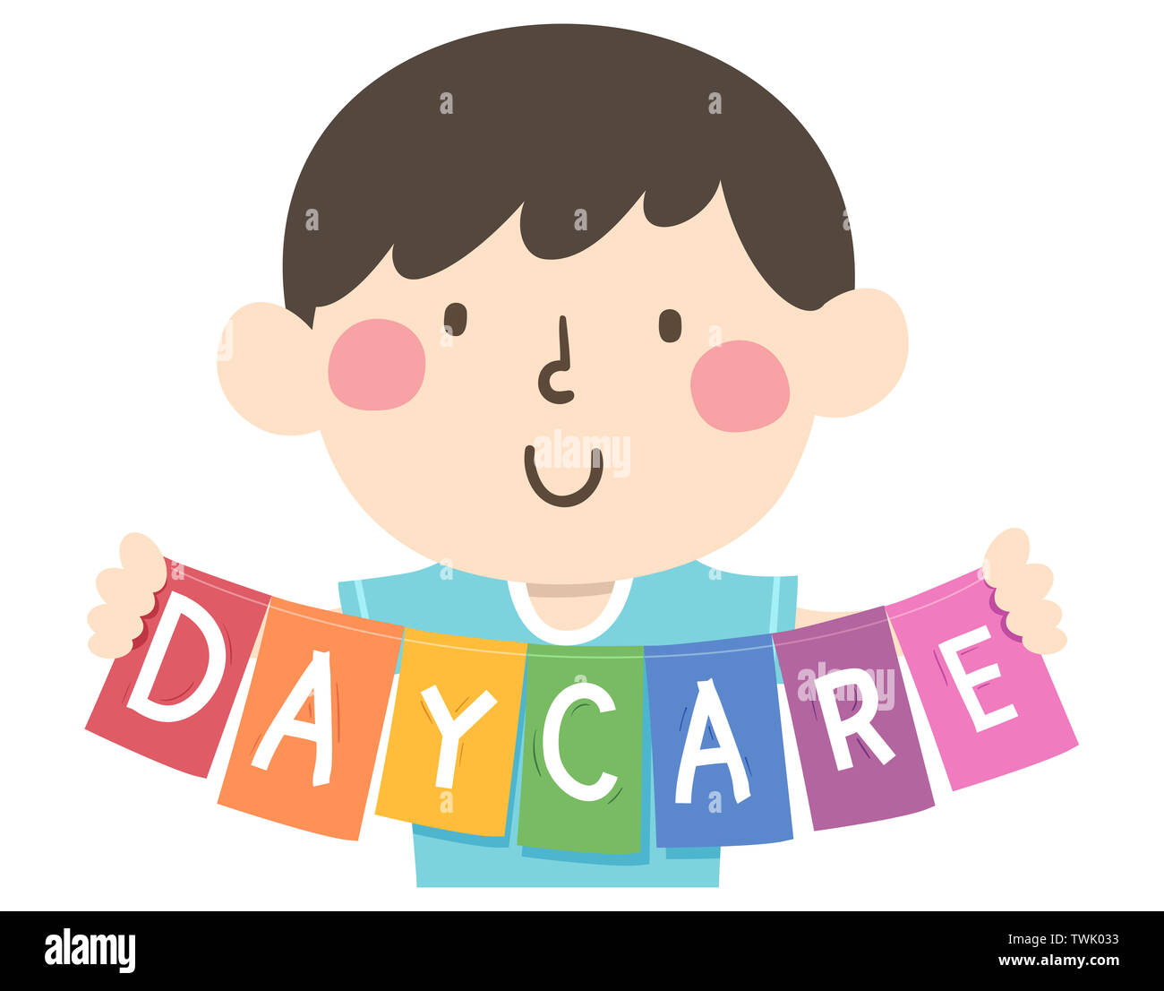 Illustration of a Kid Boy Holding Bunting Flags with Daycare Lettering ...