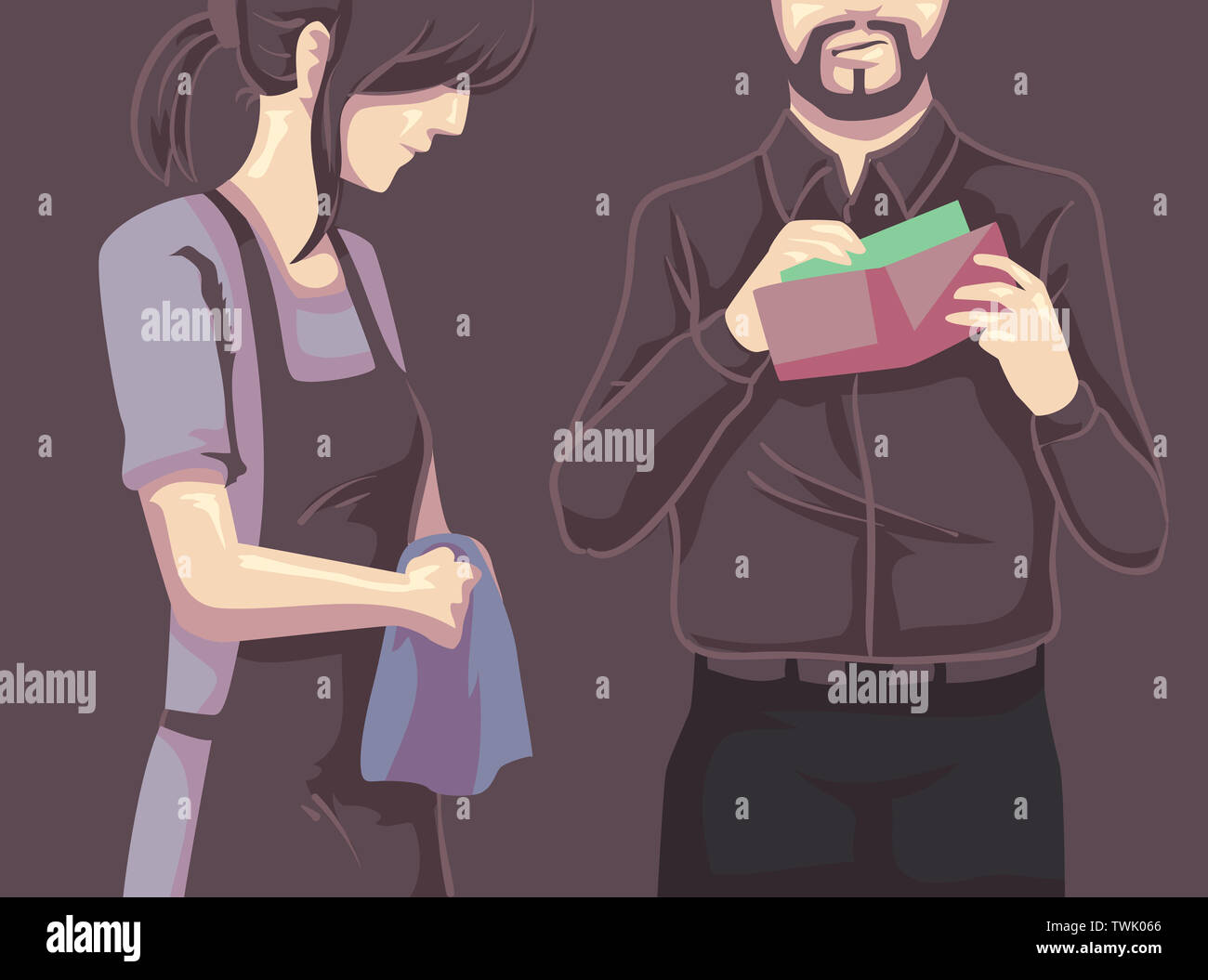 Illustration of a Girl Wearing Apron Looking Down with Man Opening His ...