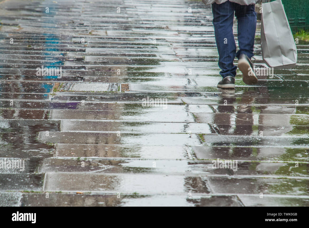 LONDON, UK - JUN 5, 2019 : Pedestrian feet walking in the rain in ...