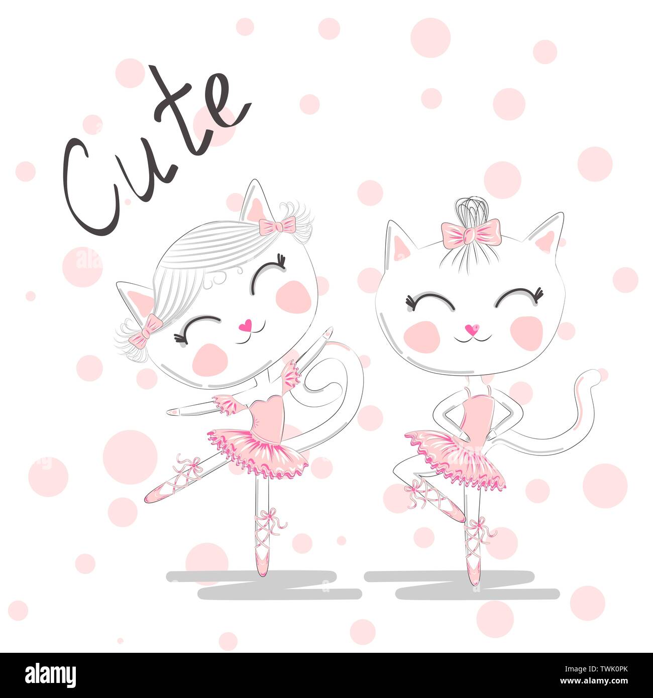 Cute dancing cats in a pink dress. Ballerina love dancing. Hand drawn t ...