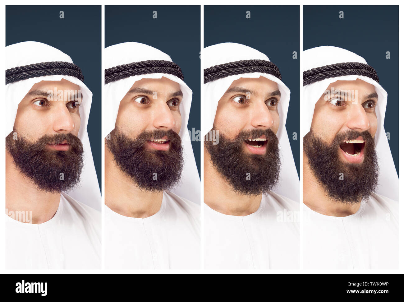 Half-length portrait of arabian saudi businessman on dark blue studio ...