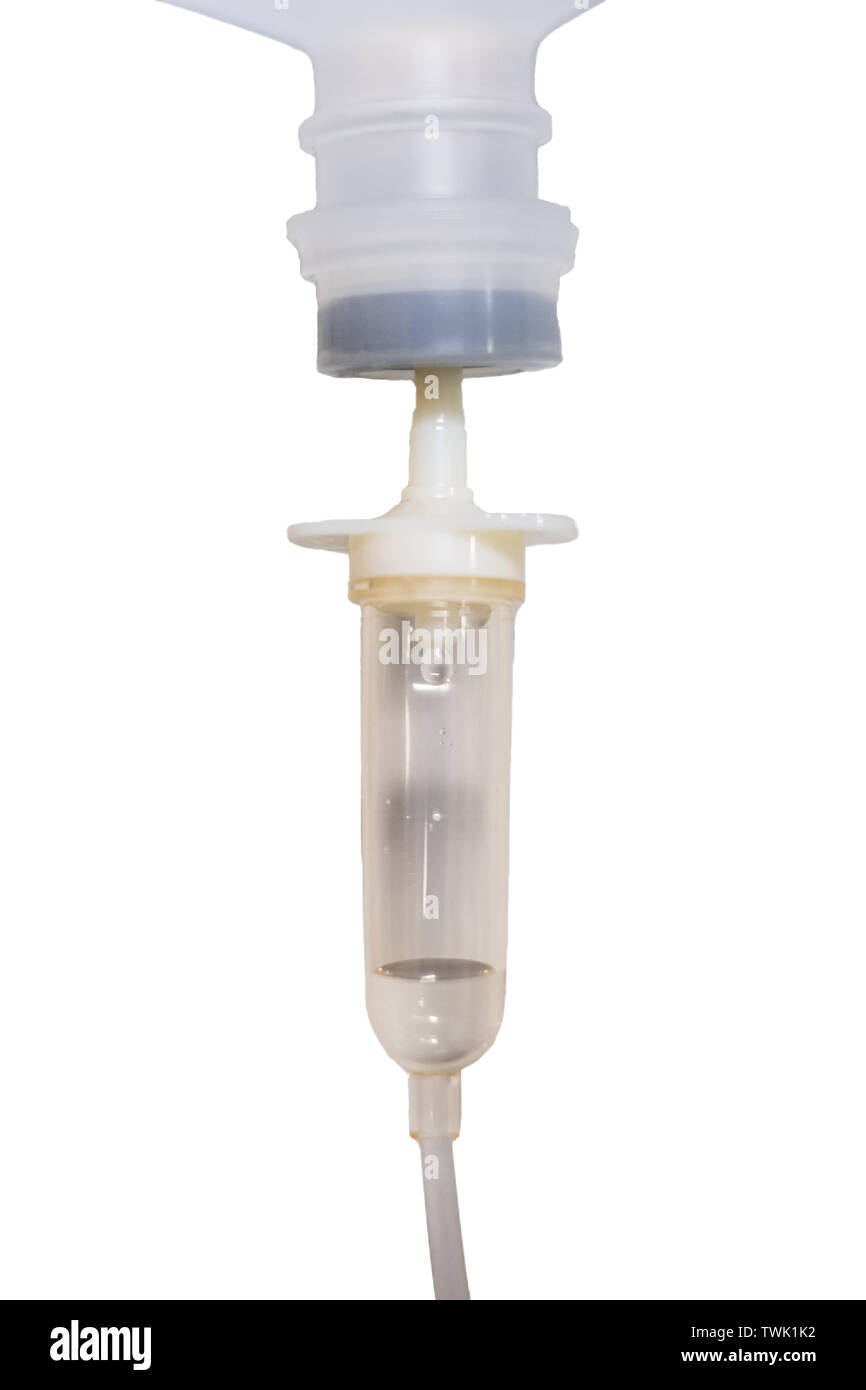 Close-up Saline solution iv fluid drip, isolated on white background ...