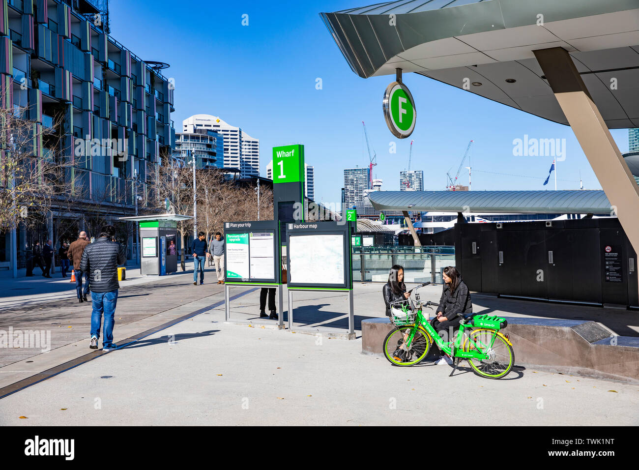 Barangaroo and people at ferry wharf 1 on a winters day,Sydney ...