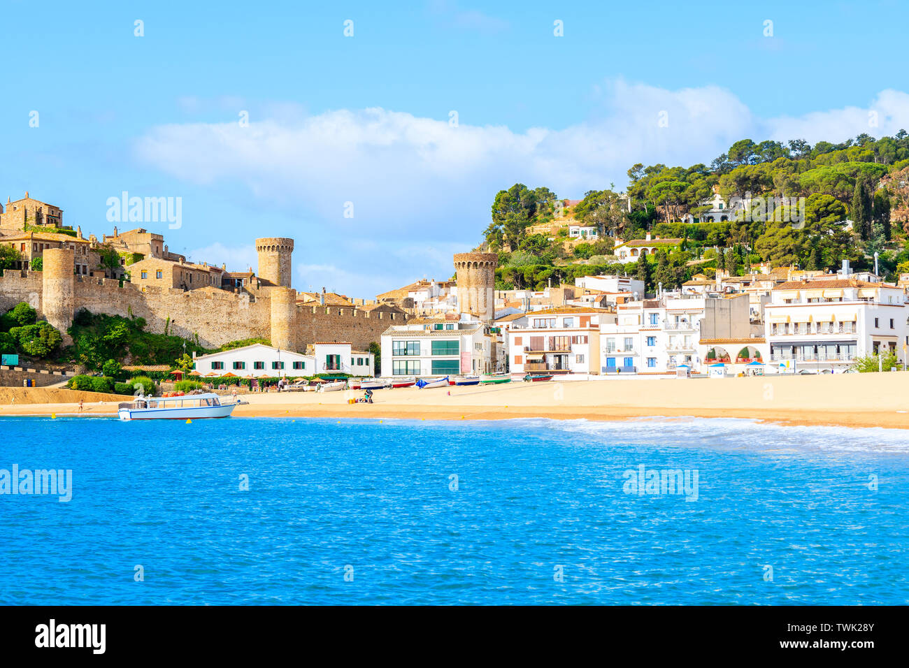 Blue azure sea and beach view in Tossa de Mar, Costa Brava, Spain Stock ...