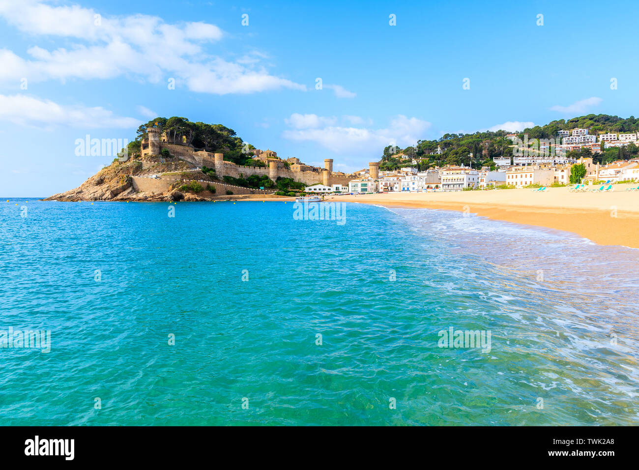 Blue azure sea and beach view in Tossa de Mar, Costa Brava, Spain Stock ...