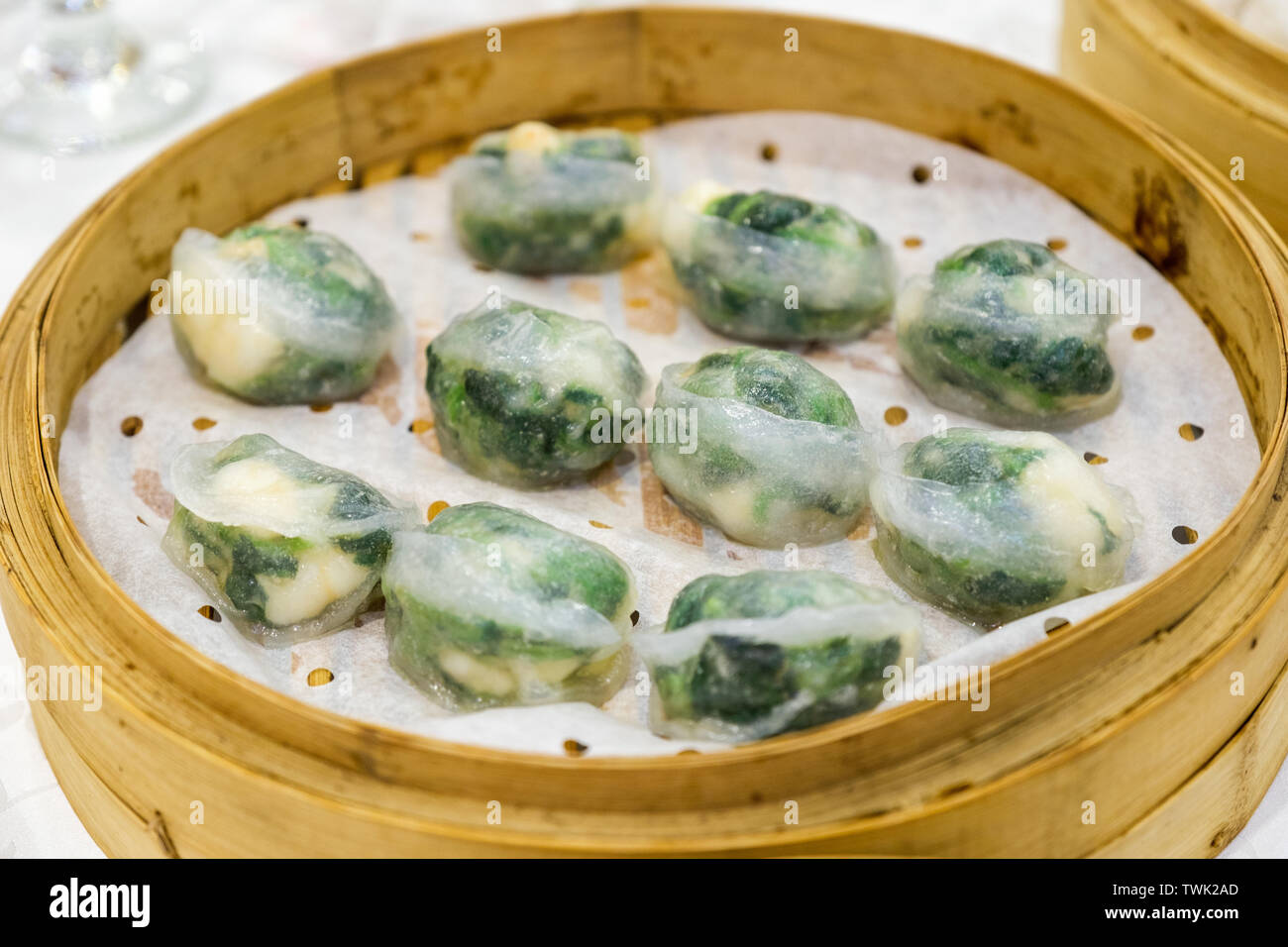 Ha gow vegetable filled in dough sheet. dim sum chinese food in bamboo ...