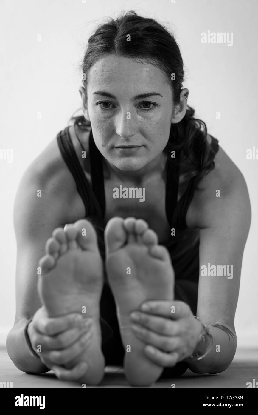 Black and white portrait close-up view of brunette woman of mid ...