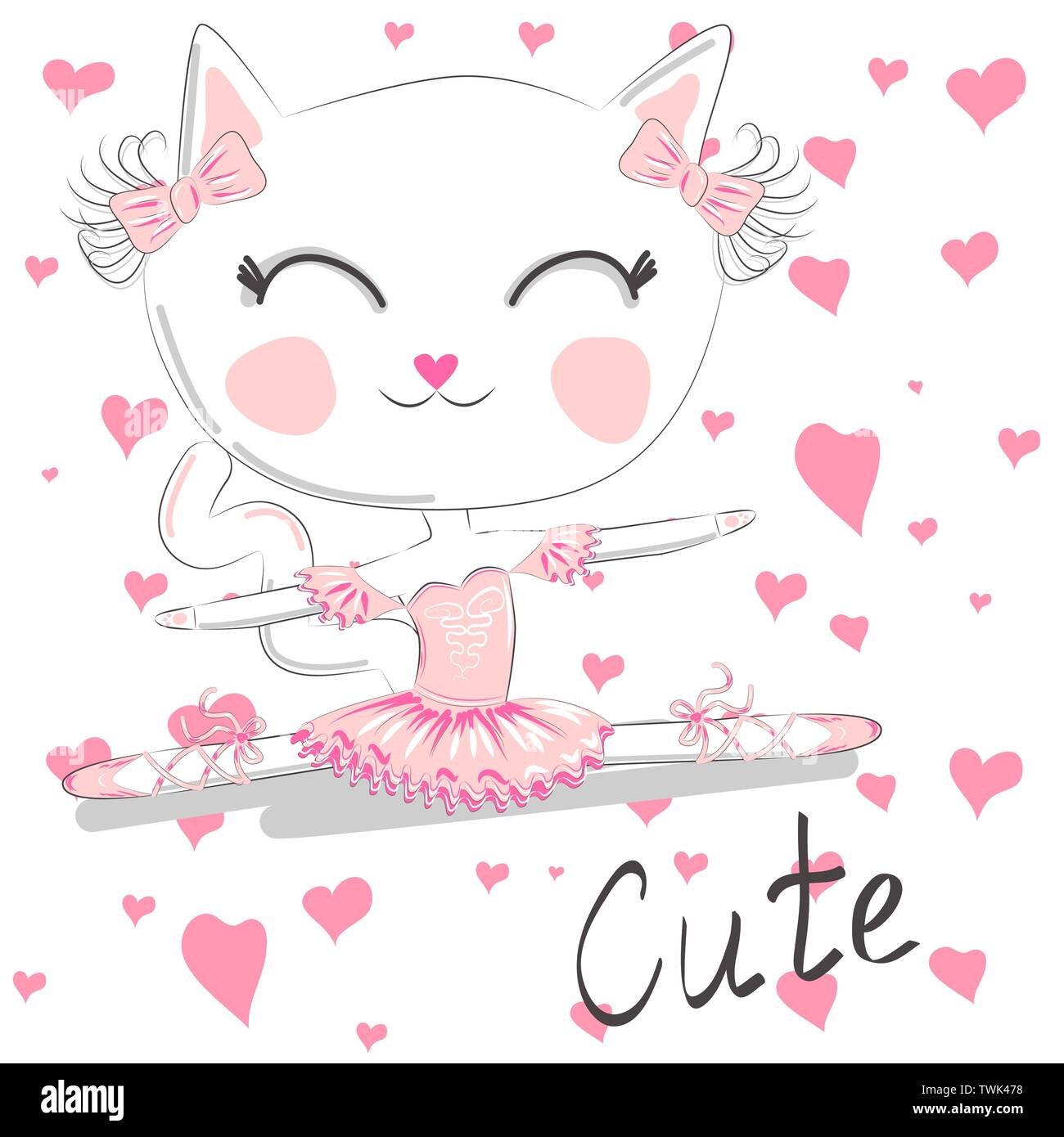 Cute dancing cat in a pink dress. Ballerina love dancing. Hand drawn t ...