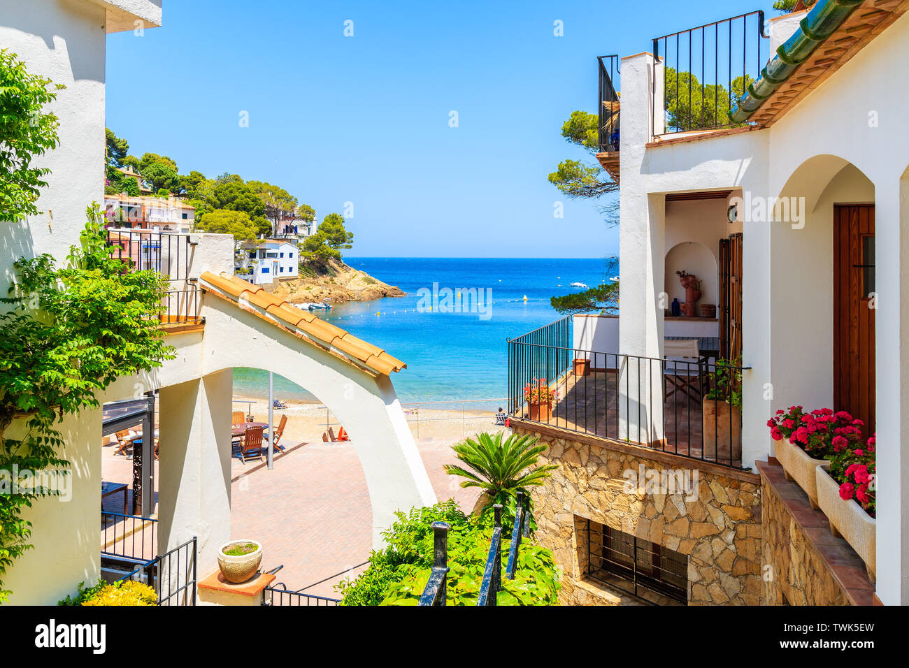 Steps to beach in Sa Tuna coastal fishing village, Costa Brava, Spain ...