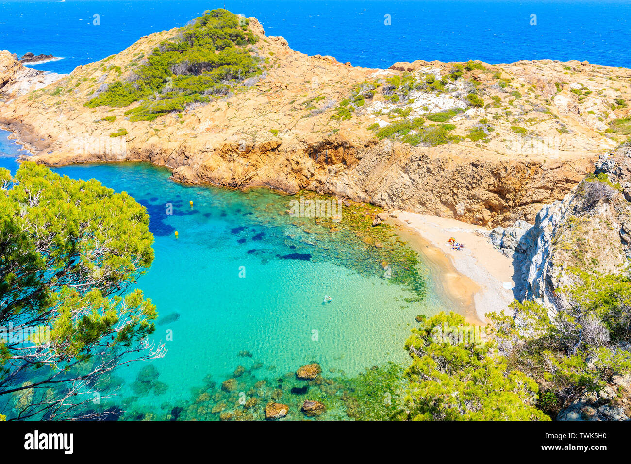Boats in beautiful sea bay with beach near Sa Tuna village, Costa Brava ...