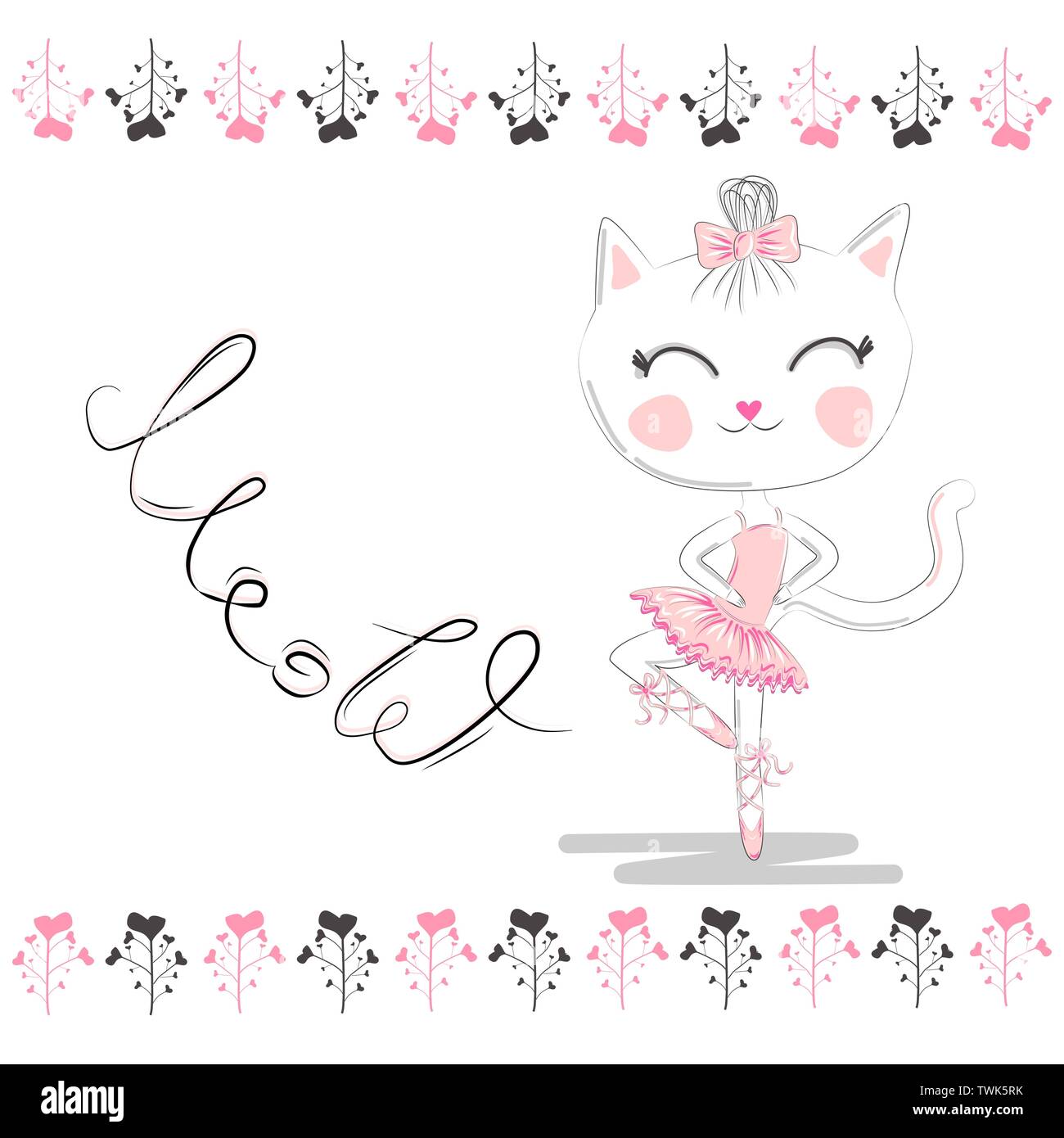 Hand drawn illustration of a kawaii funny cat in a pink ballet tutu ...