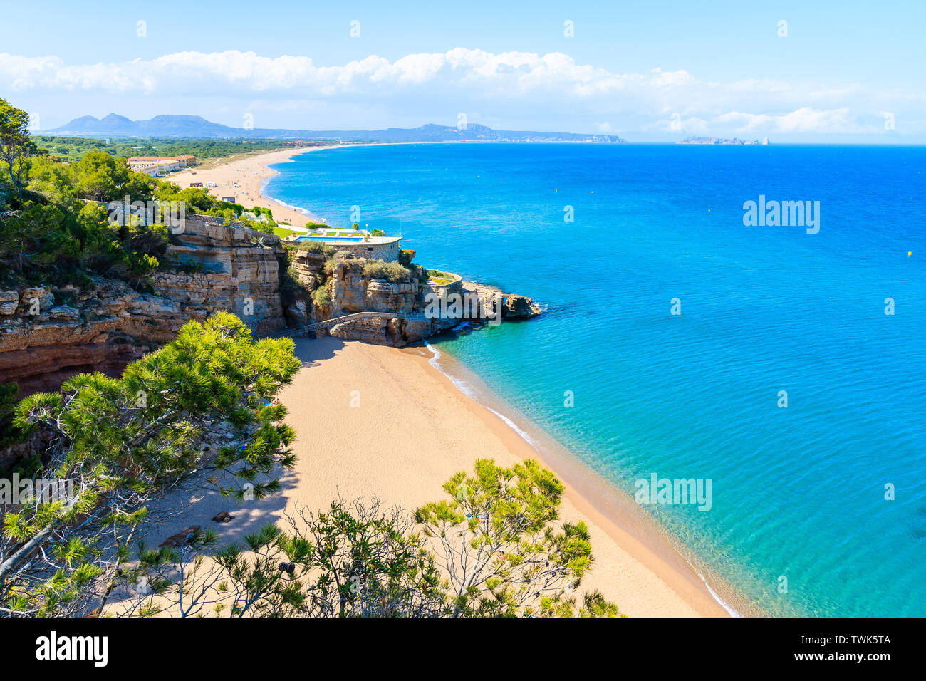 View of stunning beach of Cala Moreta with azure blue sea water, Costa ...