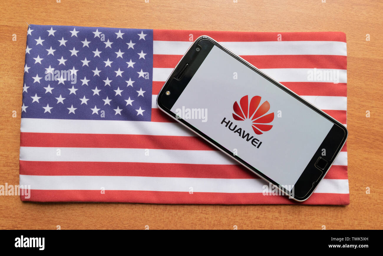 Maski, India - June 21, 2019: Huawei logo on screen of Mobile on US ...