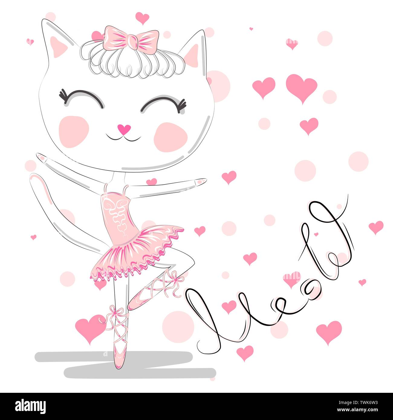 cute white cartoon cat in ballet tutu, kitty girl in a pink skirt ...
