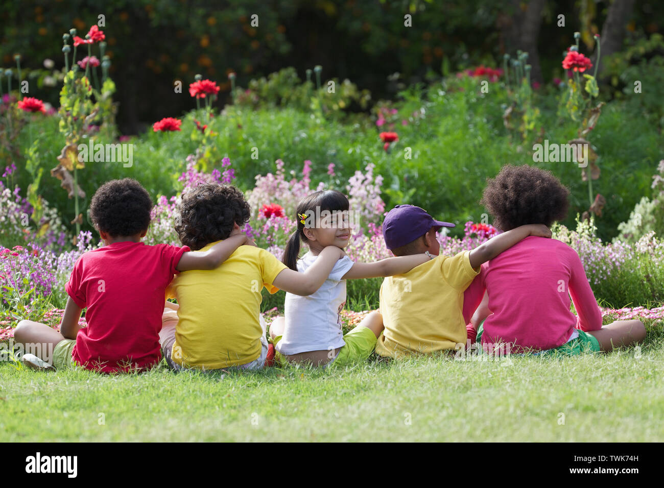 Rear view of children sitting in a row Stock Photo - Alamy