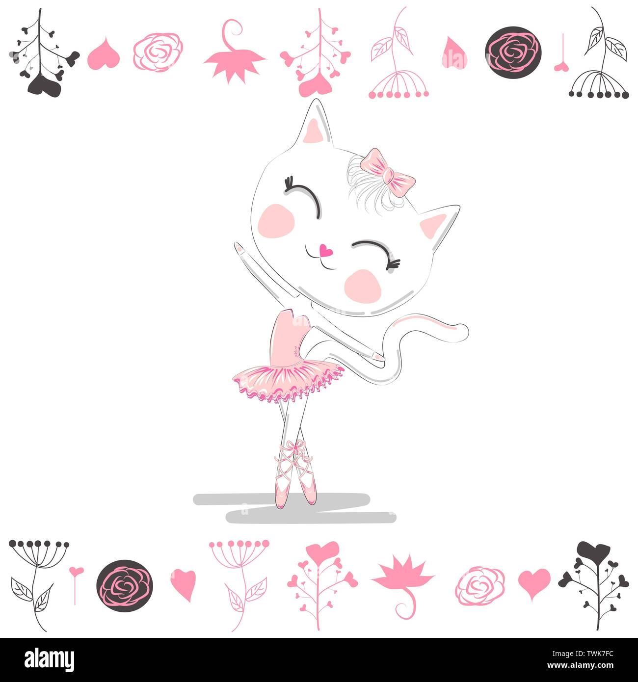 Cute dancing cat ballerina in the tutu. Cartoon hand drawn Stock Vector ...