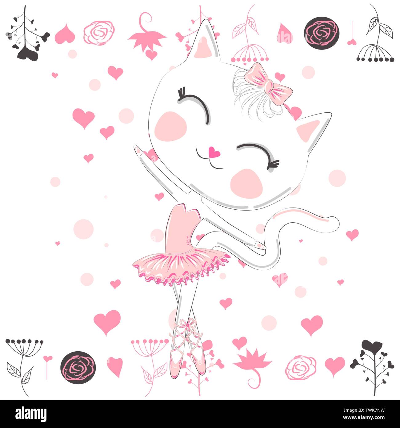 Hand drawn illustration of a kawaii funny cat in a pink ballet tutu ...