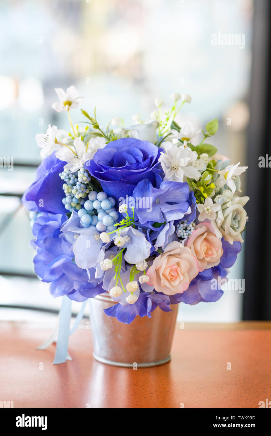 Beautiful pink blue roses bouquet mock up in vase for celebration Stock ...