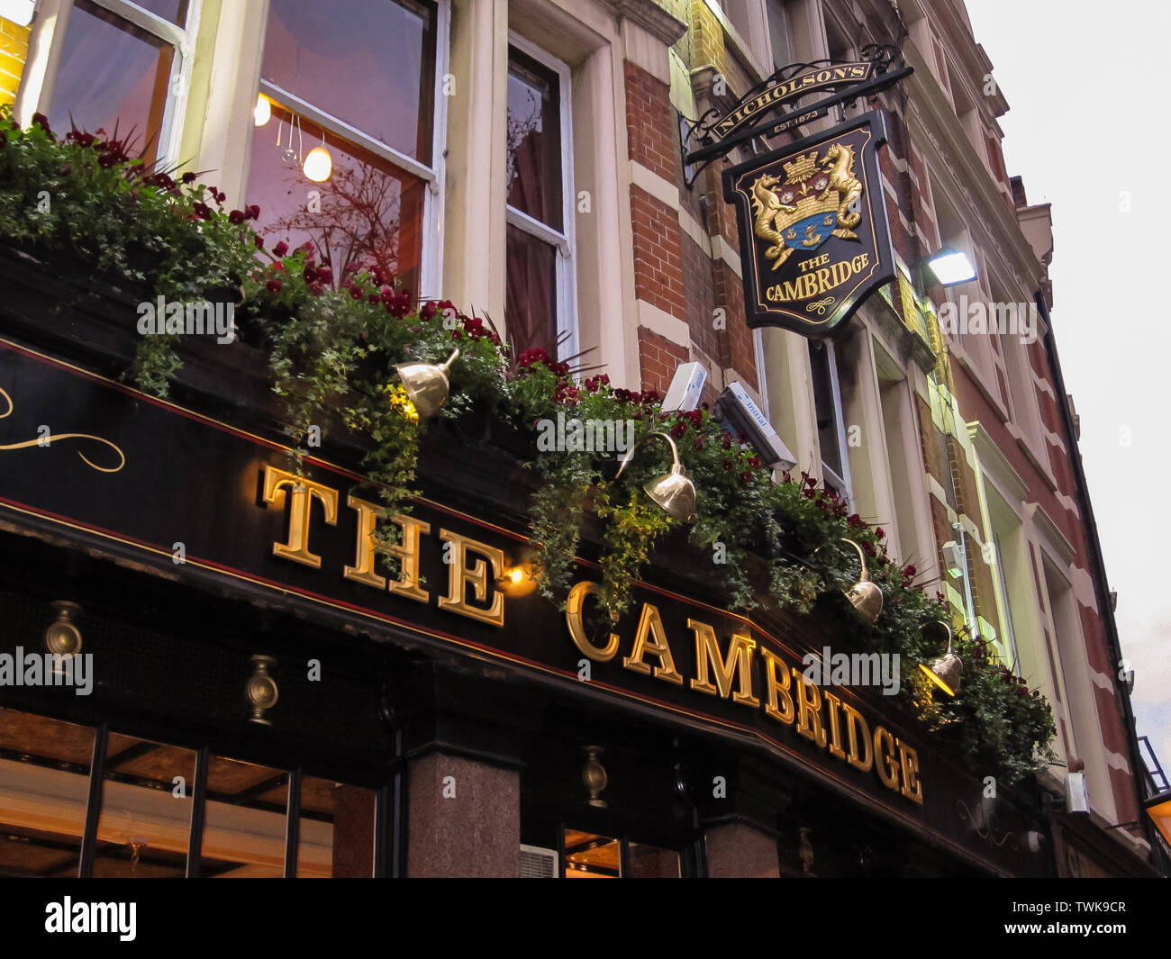 English pub sign, outside view of The Cambridge, a typical public house ...