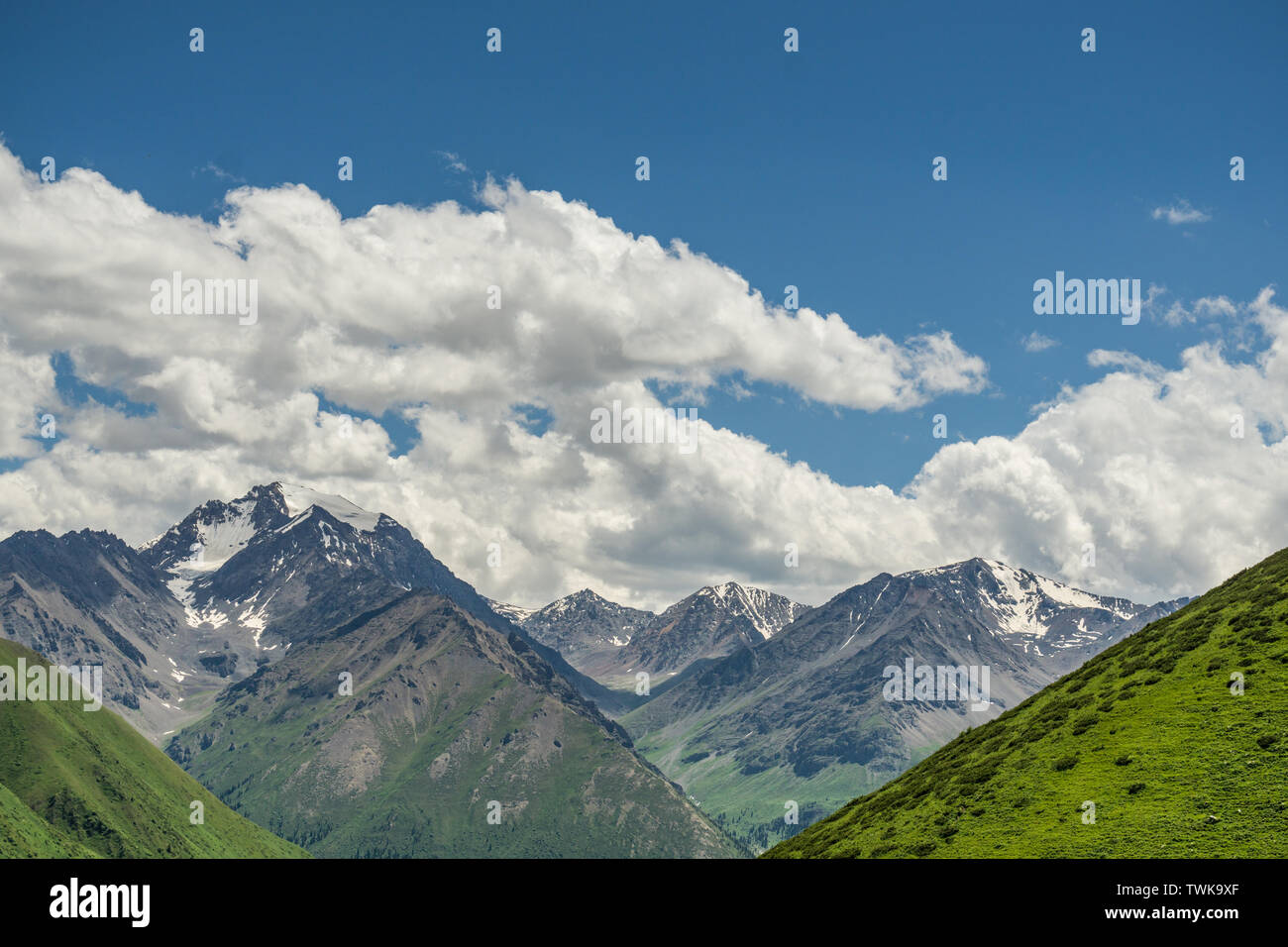 Alpine grasslands along the G217 Duku Highway under the summer blue sky ...