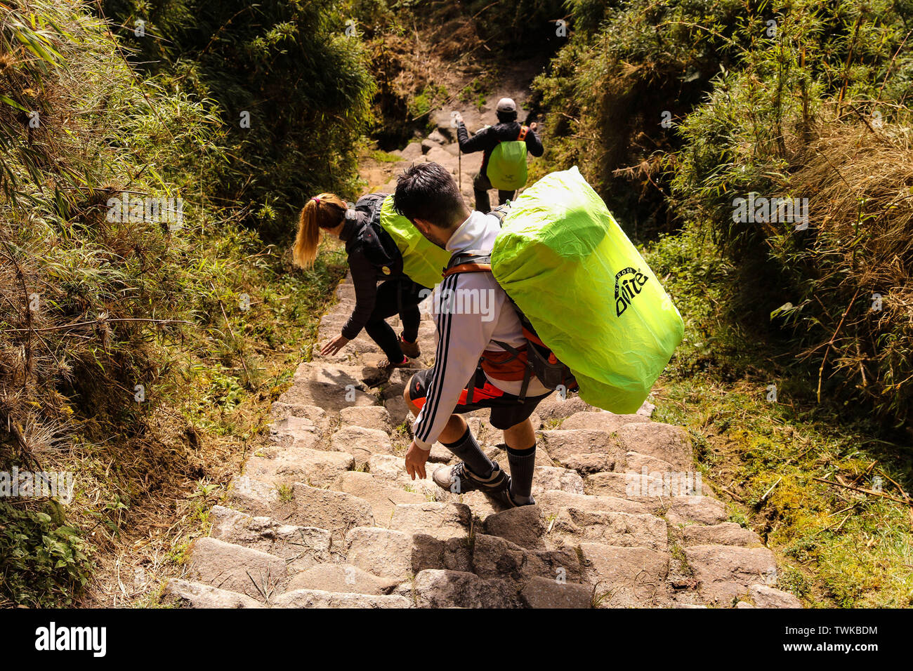 Anden, Peru. 02nd May, 2019. Tourists descend the steep steps. Some of ...