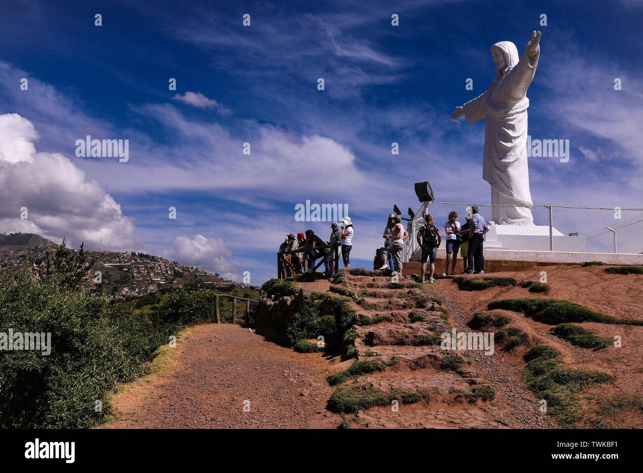 Cusco, Peru. 02nd May, 2019. Tourists in front of the statue of Christ ...