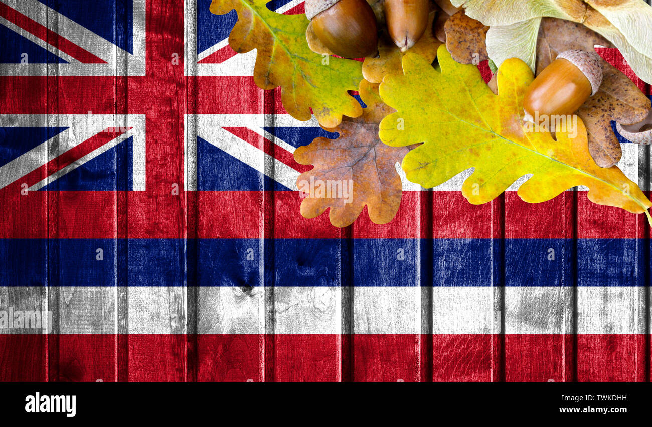 State of Hawaii flag on autumn wooden background with leaves and good ...