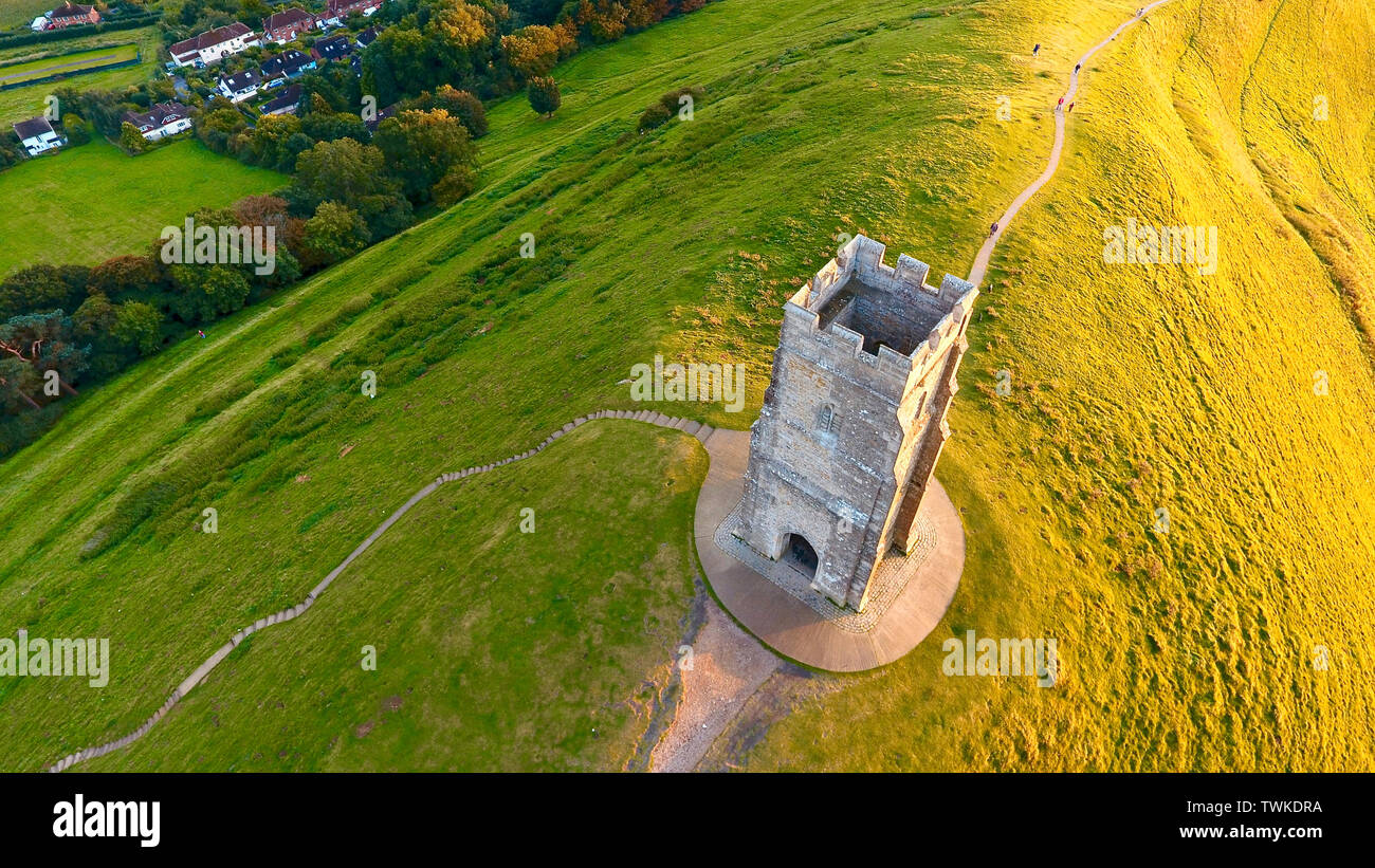 Aerial view of the historic St. Michaels Tower - Glastonbury Tor in ...