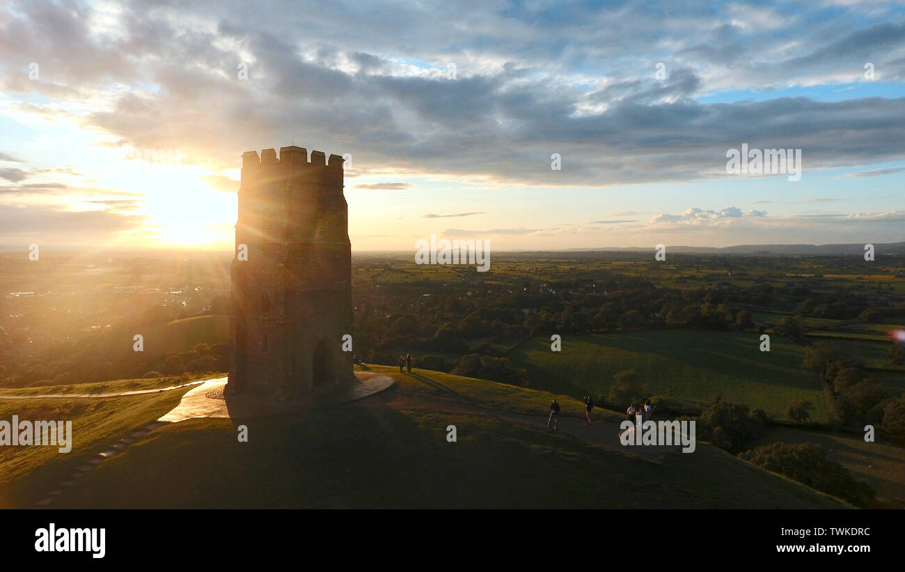 Aerial view of the historic St. Michaels Tower - Glastonbury Tor in ...
