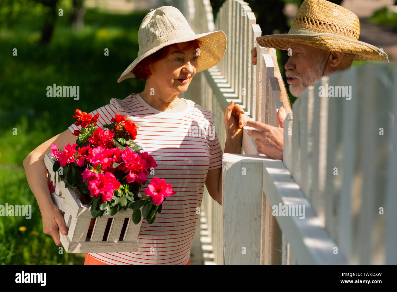 Neighbors talking fence hi-res stock photography and images - Alamy